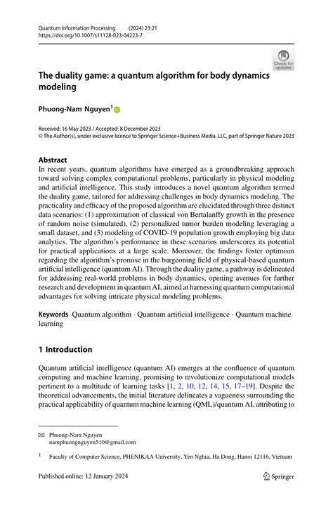 Pdf The Duality Game A Quantum Algorithm For Body Dynamics Modeling