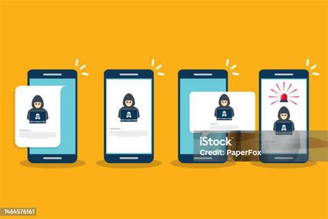 해커 휴대 전화에 악성 코드 알림 해커 경고와 스마트 폰 휴대 전화 사기 오류 메시지에 스팸 데이터 사기 바이러스 플랫 벡터 그림입니다 개념에 대한 스톡 벡터 아트 및 기타