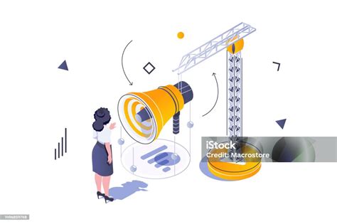 3d 아이소메트릭 디자인의 비즈니스 마케팅 개념입니다 확성기 판촉 및 커뮤니케이션으로 광고 캠페인을 만드는 여성 웹 그래픽을 위한 아이소메트릭 인물 장면이 있는 벡터 그림