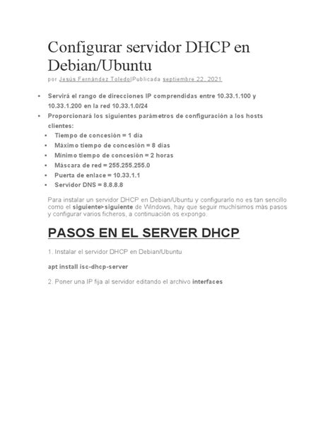 Configurar Servidor Dhcp En Debian Pdf Dirección Ip Red De Arquitectura