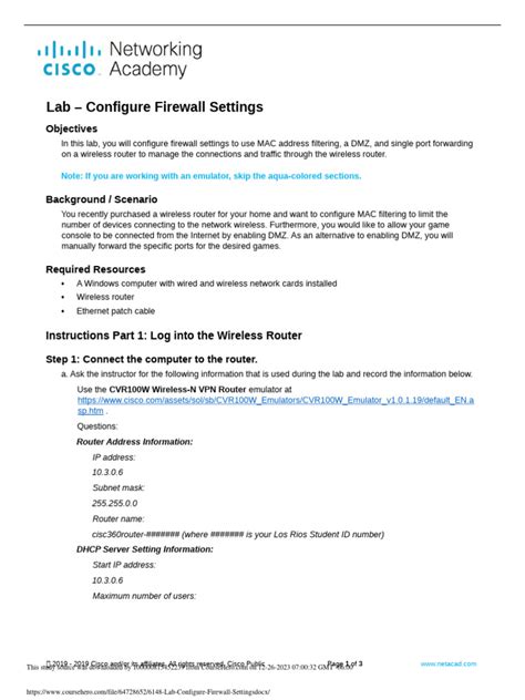 6 1 4 8 Lab Configure Firewall Settings Pdf Port Computer Networking Router Computing
