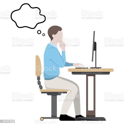 한 직장인이 컴퓨터 앞에 앉아 있다 그 사람은 아이디어에 대해 생각하고 있습니다 근무일 작업 과정 영감 의사 결정 검색 흰색 배경에 분리된 평면 벡터 그림입니다 경영자에