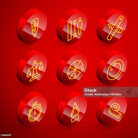 라인 의료용 온도계 높이 측정 본체 교차 자 및 연필 정의의 비늘 원 조각 반경 스톱워치 및 그리기 나침반 아이콘을 설정합니다 벡터 3차원 형태에 대한 스톡 벡터 아트 및