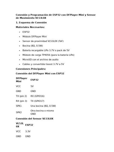 Conexión Y Programación De Esp32 Con Dfplayer Mini Y Sensor De Movimiento Vl53l0x Pdf