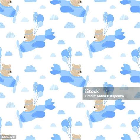 블루 구름 사이 함께 비행기에서 파일럿 곰의 완벽 한 패턴입니다 소년에 대 한 벡터 이미지입니다 휴일 베이비 샤워 생일 섬유 래퍼 인사말 카드 인쇄 배너 전단지에 대 한
