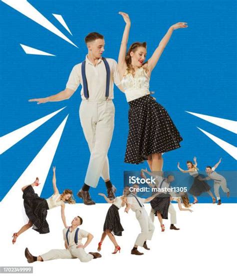 세련되고 긍정적인 젊은이들 복고풍 옷을 입은 남녀가 즐겁게 춤을 춥니다 파티 시간 화려한 디자인 스윙 댄스에 대한 스톡 사진 및 기타 이미지 Istock