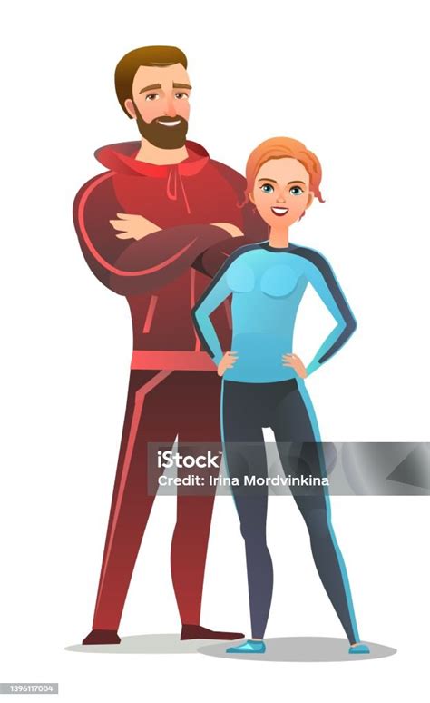 트랙 슈트를 입은 남자와 여자 스포츠 활동을 준비했습니다 쾌활한 사람 서있는 포즈 만화 스타일 단일 문자 흰색 배경에 고립 된