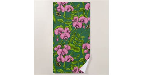 Sweet Peas And Bumblebees Green And Pink Beach Towel Zazzle
