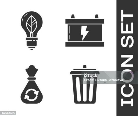 설정 휴지통 잎 전구 재활용 및 자동차 배터리 아이콘 쓰레기 봉투 벡터 개념에 대한 스톡 벡터 아트 및 기타 이미지 개념