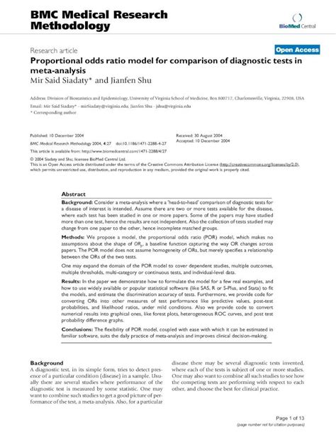 Pdf Bmc Medical Research Methodology Biomed Central Proportional Odds Ratio Model For