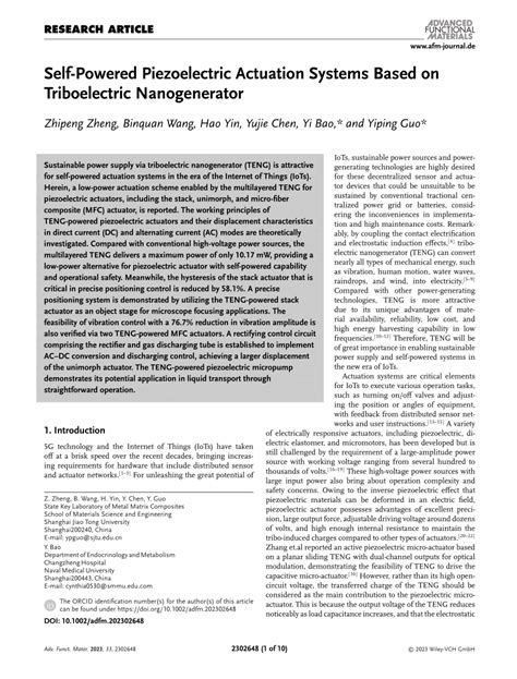 Self‐powered Piezoelectric Actuation Systems Based On Triboelectric Nanogenerator Request Pdf