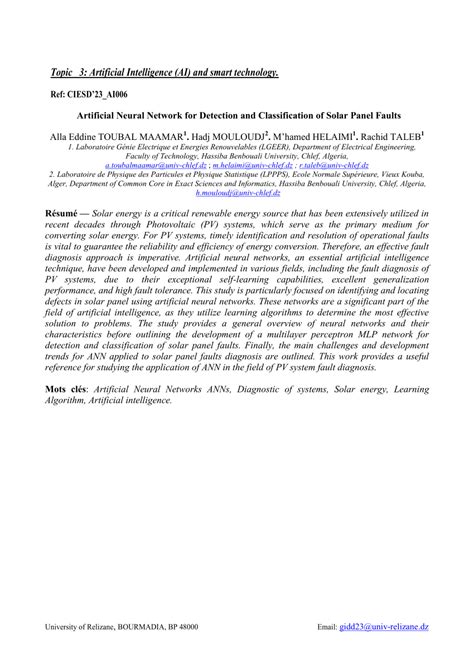Pdf Artificial Neural Network For Detection And Classification Of Solar Panel Faults