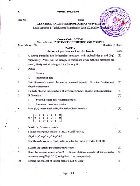 Ect306 Information Theory And Coding June 2022 Pdf Algorithms