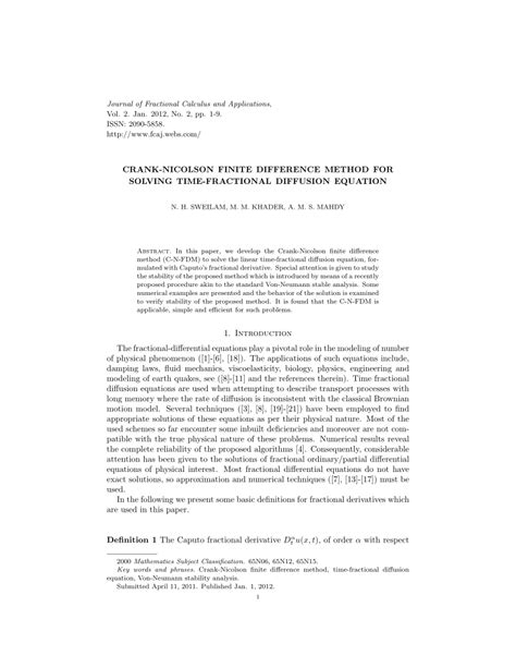 Pdf Crank Nicolson Finite Difference Method For Solving Time Fractional Diffusion Equation