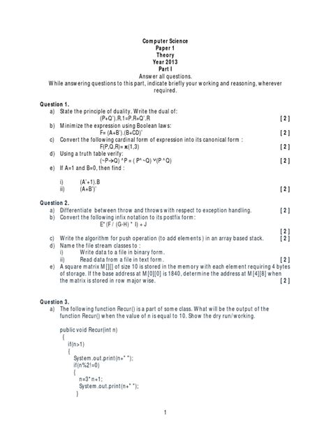 computer science paper 1 theory year 2013 pdf matrix mathematics integer computer science