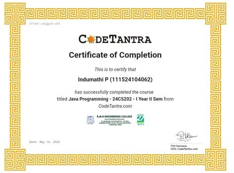 Successfully Completed The Java Programming 24cs202 Course From Codetantra As Part Of My I