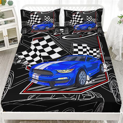 Ailonen Blue Racing Car Fitted Sheet Twin Size Speed