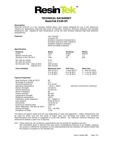 Technical Datasheet Resintek E130 Ht Resin Technical