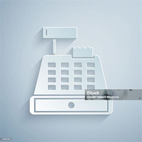 회색 배경에 격리 된 체크 아이콘이있는 용지 절단 금전 등록기 기계 계산원 기호 캐쉬박스 기호입니다 종이 아트 스타일 벡터 일러스트레이션 3차원 형태에 대한 스톡 벡터 아트