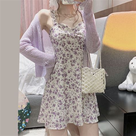 에이퍼플 시폰 플라워 꽃무늬 패턴 미니 라인 끈나시 원피스