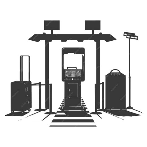 스레이 수하물 스캐너와 금속 탐지기 게이트가 있는 실루 공항 보안 검문소 프리미엄 벡터