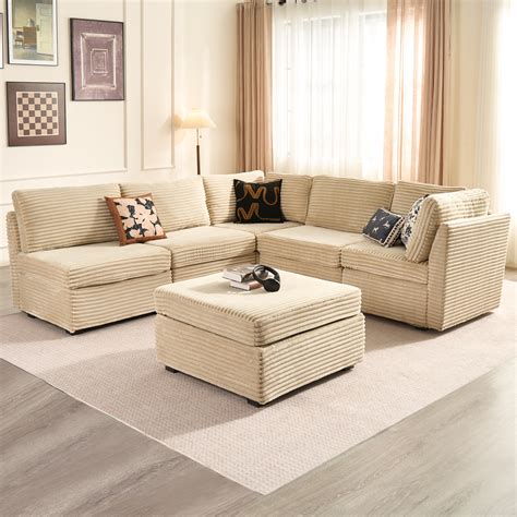 Mercer41 6 Piece Modular Corduroy Sectional Sofa With Ottoman Deep