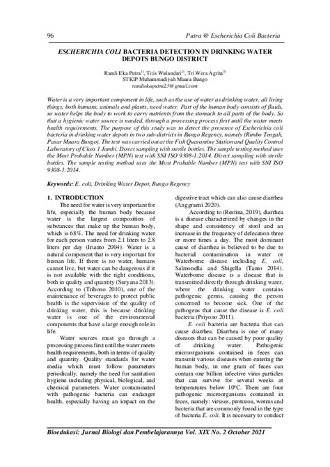 Pdf Escherichia Coli Bacteria Detection In Drinking Water Depots Bungo District