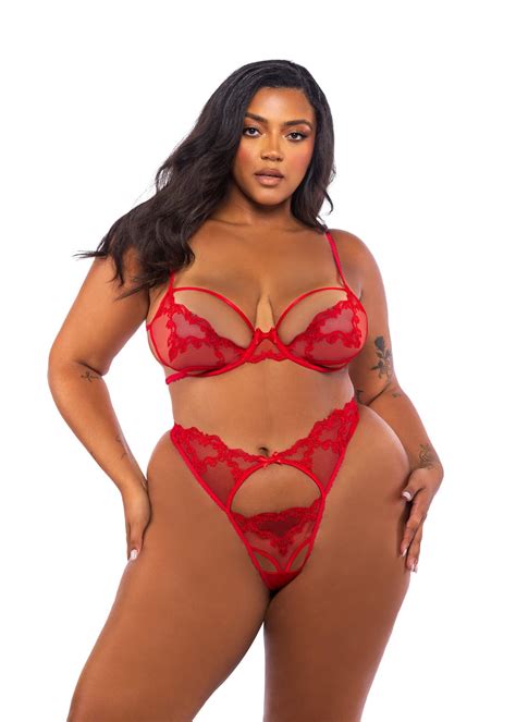 Plus Size Sexy Red Lace And Satin Bra And High Waisted Thong Lingerie