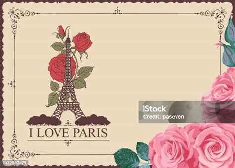 프랑스 파리의 유명한 프랑스 에펠탑이있는 복고풍 엽서 모조 에펠탑에 대한 스톡 벡터 아트 및 기타 이미지 모조 에펠탑