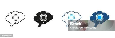 현대 기술 인간의 두뇌 및 네트워크 칩 실루엣 및 라인 아이콘 설정 Ai 혁신 신경 과학 인공 지능 검정 및 색상 기호 컬렉션 격리된 벡터 그림 검은색에 대한 스톡 벡터