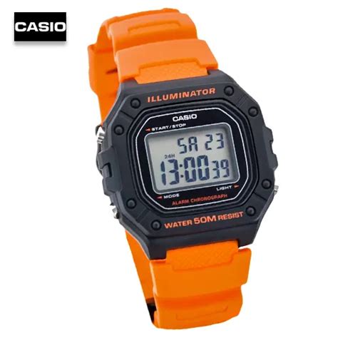 Velashop นาฬิกาข้อมือผู้ชายคาสิโอ Casio Standard สายเรซิ่น สีดำ ส้ม รุ่น W 218h 4b2vdf W 218h