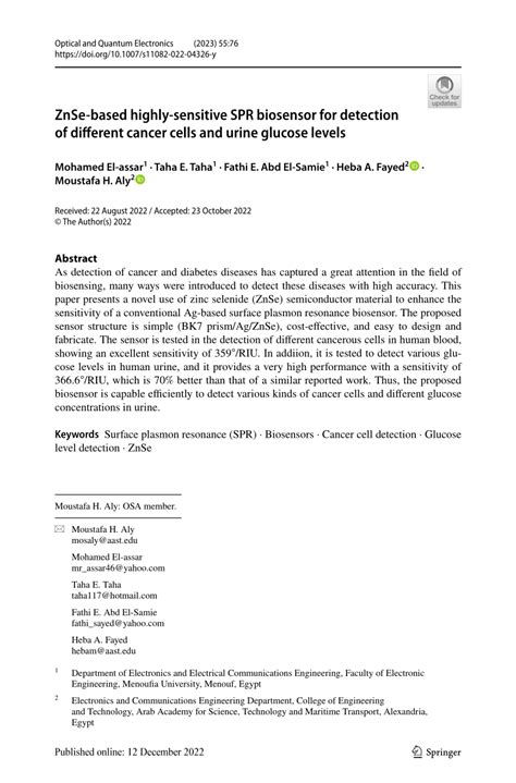 Pdf Znse Based Highly Sensitive Spr Biosensor For Detection Of Different Cancer Cells And