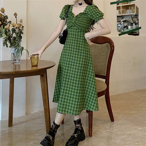 예거조아 여름신상빅사이즈 그린 체크 스모크 리본 밴딩 하트넥 퍼프 반팔 롱원피스 대형 빅사이즈 A라인 드레스 통통이 임산부 여름원피스~4xl