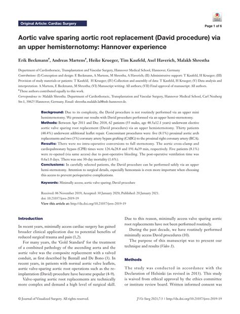 Pdf Aortic Valve Sparing Aortic Root Replacement David Procedure Via An Upper Hemisternotomy