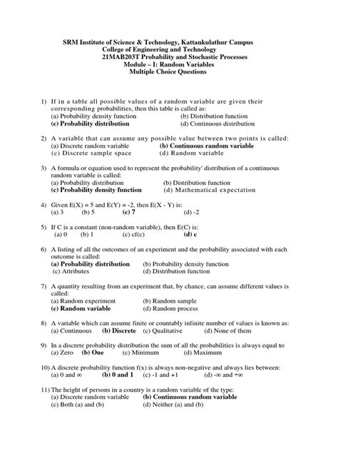 Mcq Unit I Final Pdf Probability Distribution Random Variable