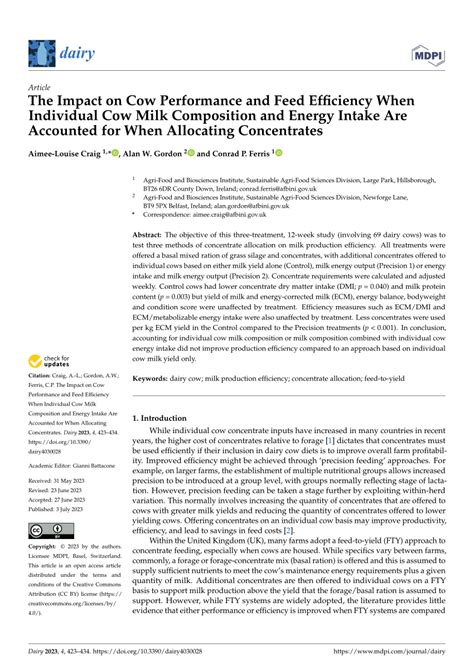 Pdf The Impact On Cow Performance And Feed Efficiency When Individual Cow Milk Composition And