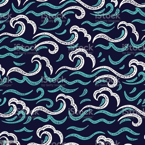 바다 파도 벡터 원활한 패턴 손으로 그린 낙서 웨이브 만화 바다 또는 바다 어두운 푸른 배경 곤색에 대한 스톡 벡터 아트 및 기타 이미지 Istock