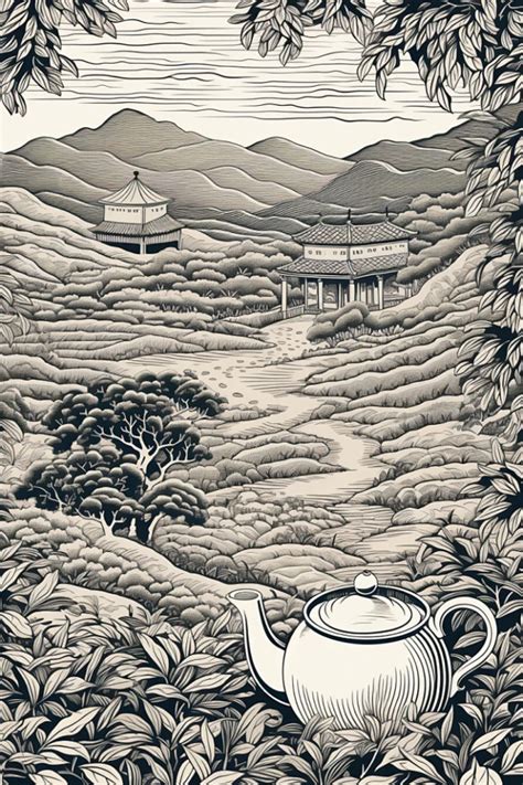 复古铜版画茶园茶叶插画 花瓣网