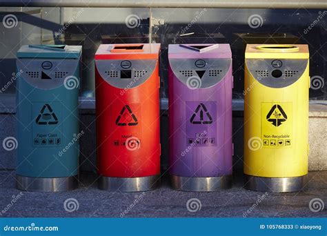 Trash Bins In Different Colors For Garbage Classification Stock Image