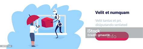 현대 로봇 택배 온라인 쇼핑 인공 지능 개념 전자 상거래 보호 전체 길이 평면 수평 복사 공간에서 골 판지 상자를 받는 사업 개념에 대한 스톡 벡터 아트 및 기타 이미지