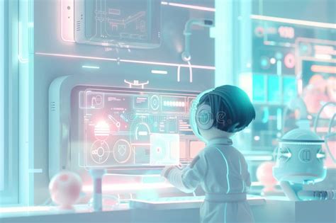 artificial intelligence robots working at computer in futuristic modern