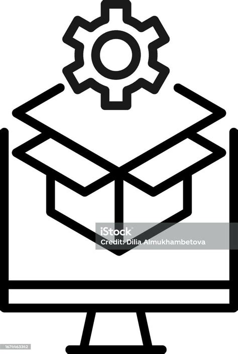 컴퓨터 모니터의 상자 열기로 기어 격리된 라인 아이콘입니다 웹 사이트 앱 Ui 인터넷 상점 상점에 적합합니다 검은색 가는 선으로 그려진 간단한 이미지 가상현실에 대한 스톡