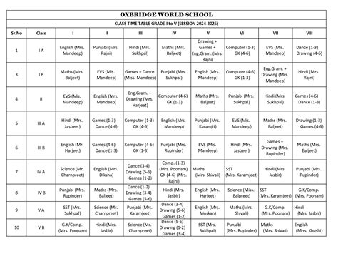 Teachers Time Table Oxbridgeworldschool