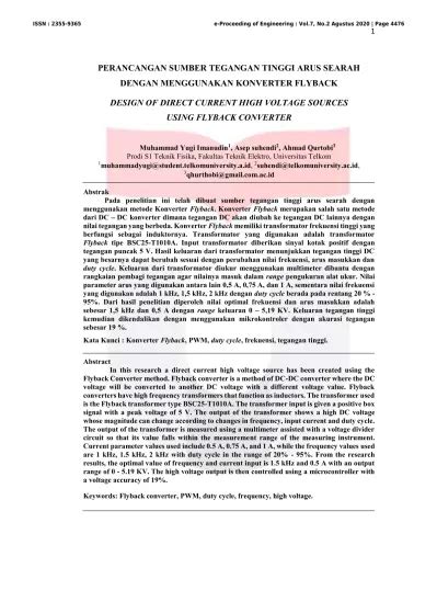 Perancangan Sumber Tegangan Tinggi Arus Searah Dengan Menggunakan Konverter Flyback