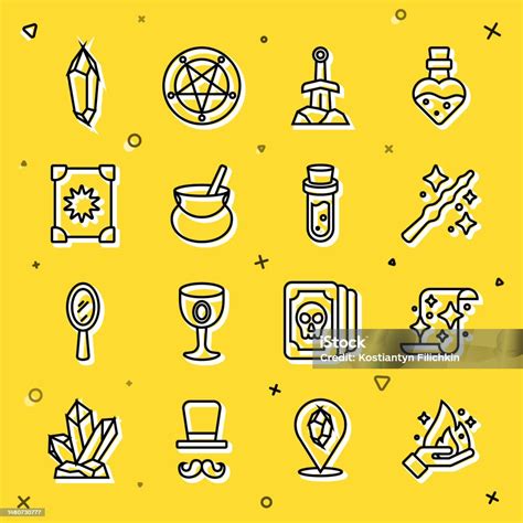 세트 라인 불을 들고 있는 손 마법 두루마리 지팡이 돌 검 마녀 가마솥 고대 마법서 물약 아이콘이 있는 병 벡터 0명에 대한 스톡 벡터 아트 및 기타 이미지 Istock