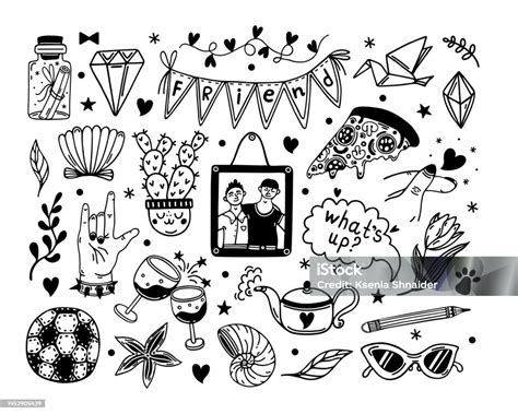 남성 우정 벡터 아이콘 세트입니다 친구 동료 팀 좋은 관계의 상징 소년 사진 음료 피자 축구 록 음악 카드 포스터 웹에 대한 손으로 그린 낙서 흰색으로 격리 1위에 대한