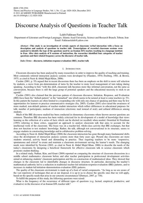 Pdf Discourse Analysis Of Questions In Teacher Talk