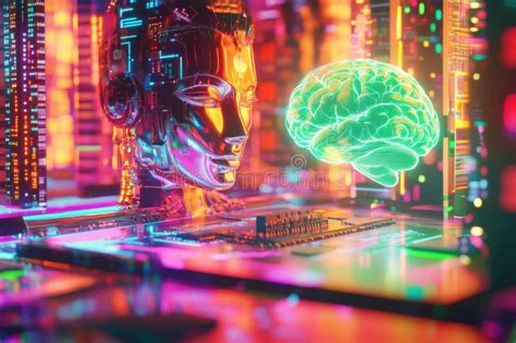 Futuristic Ai Technology Showing A Robot Microchip And Digital Brain On Dynamic Holographic