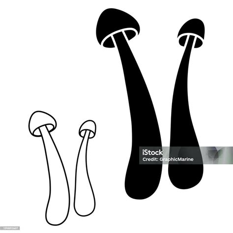 흰색 배경에 고립 된 버섯 벡터 간단한 일러스트 레이 션 세트 윤곽선과 실루엣 손으로 그린 스케치 버전 벡터 균학 자연 건강한 곰팡이 가을 디자인 가을에 대한 스톡 벡터