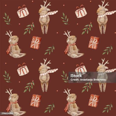 수채화 완벽 한 패턴 사슴 스카프 선물 나뭇잎 나뭇가지 부르고뉴 배경에 새해 그림 직물 직물 포장 옷 인쇄 카드를 위한 휴일 인쇄 0명에 대한 스톡 벡터 아트 및 기타